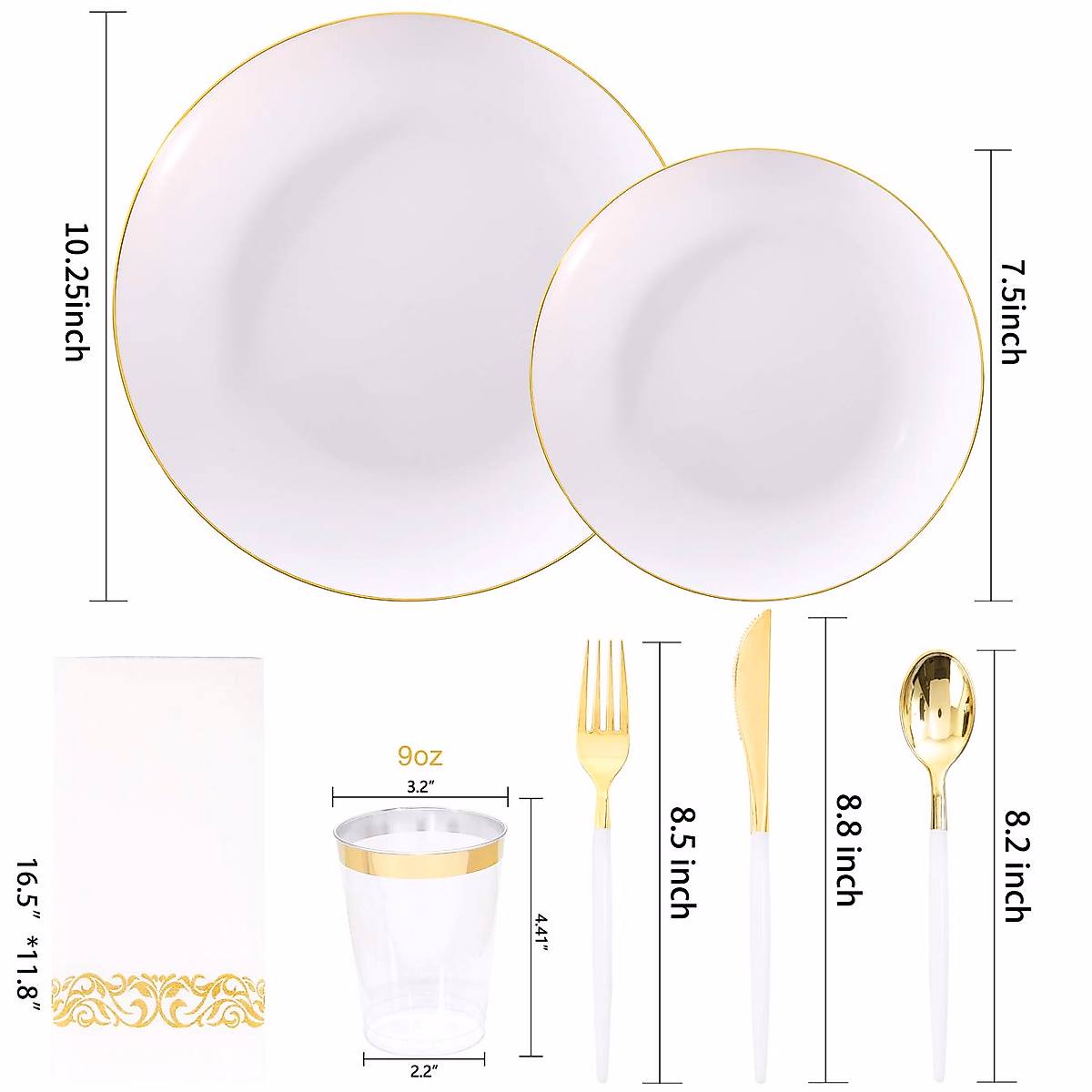 Nervure 140PCS White and Gold Plastic Plates & Disposable Gold Plastic Plates - 20 Dinner Plates, 20 Dessert Plates, 60 Gold Plastic Silverware, 20 Cups, 20 Napkins for Weddings & Party