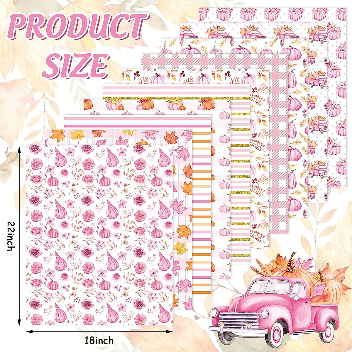 JarThenaAMCS 10Pcs Fall Cotton Fabric Bundles Pink Pumpkin Maple Leaf Truck Fat Quarters Autumn Thanksgiving Quilting Patchwork for DIY Craft Home Party Decor, 18 x 22 Inch