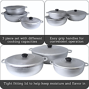 IMUSA USA Traditional Colombian Natural Caldero Matching Aluminum Lid 3-Piece (3.5/7.0/11.0 Quart) Dutch Oven Set, Silver (GAU-89224DS), Large