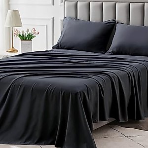 QUINEEHOME Queen Sheet Set 4 Pieces, Cooling Bed Sheets Soft & Breathable Brushed Microfiber, Fade Resistant Sheet Set with 15" Deep Pocket -Dark Grey