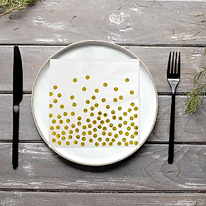 25 Pack White and Gold Foil Polka Dots Confetti Guest Towel Napkins, Disposable Hand Towels Dinner Paper Napkins for Holidays, Picnic Wedding Anniversary Birthday Party Decorations, 6.5 x 6.5 In