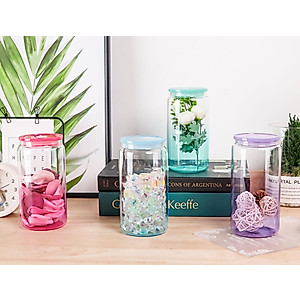 Joyclub 16oz Glass Cups with Acrylic Lids and Straws 8 Set Can Shaped Glass Iced Coffee Cups with Lids, Gradient Drinking Glasses Cute Tumbler Cup Great for Smoothie Soda Boba Tea Cocktail Beer Gift