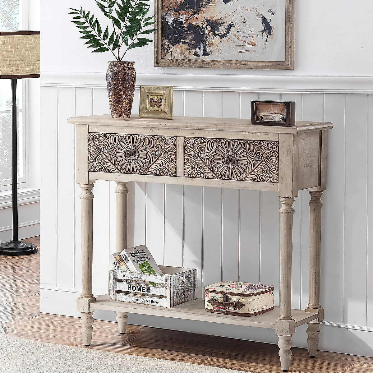 COSIEST Console Table with 2 Drawers, MDF Narrow Entryway Table with Storage Shelf, Wood Accent Sofa Table for Living Room, Entrance, Hallway, Couch, Light Grey
