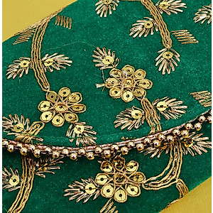 Truesellershop Indian Women's Stylish Zari Velvet Clutch Golden Embroidery Tote Bag Wrist Bag Purse Pearl Handle Evening Clutch Wedding Purse for Girls (Green)