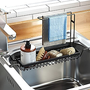 JUMBO FILTER Sponge Holder for Kitchen Sink, Telescopic Sink Storage Rack, Home Stainless Steel Sink Caddy Expandable (16.7"-21.3"), with Dishcloth Towel Holder (Black)