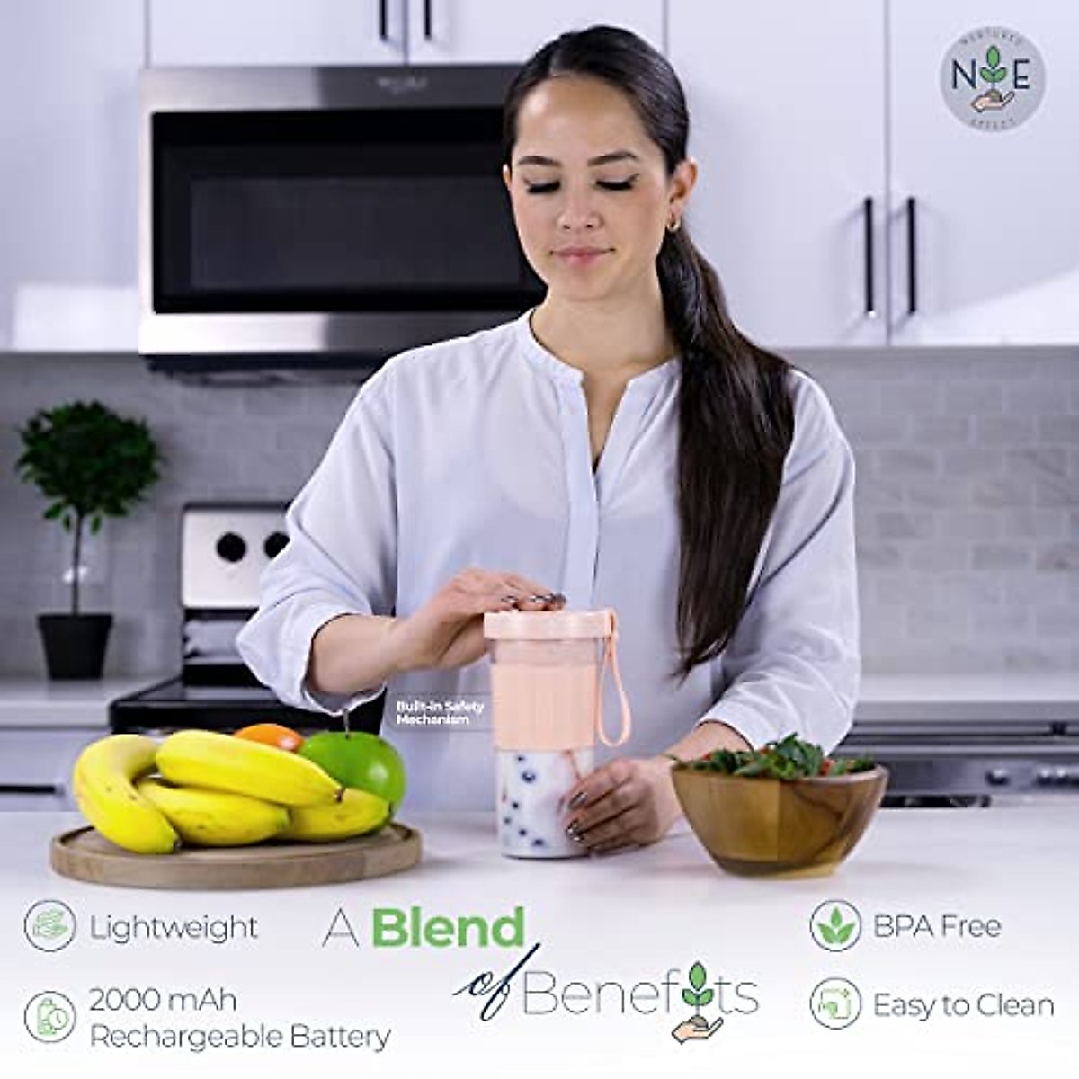 Nurtured Effect Portable Blender for Shakes and Smoothies, Personal Blender Cup, Fresh Juice Blender Bottle, Travel Blender made with BPA-Free Materials, USB Rechargeable, Mini Blender for Juice or Smoothies, Smoothie Maker
