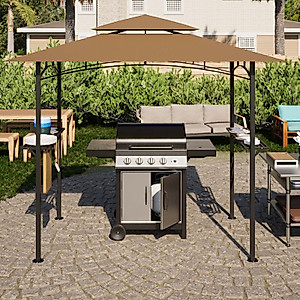 8x5 Ft Grill Gazebo, Double Tiered Outdoor BBQ Gazebo with 2 Side Shelves, 5 Hooks, Bottle Opener, Barbecue Grill Gazebo Shelter for Patio, Garden, Beach, Backyard and Picnic (Khaki)