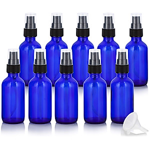JUVITUS 2 oz Cobalt Blue Glass Boston Round Black Treatment Pump Bottle + Funnel (10 Pack)