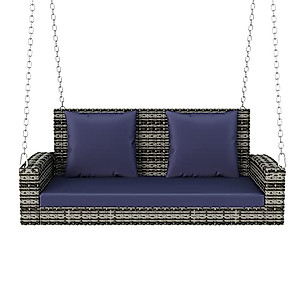 ERYE Outdoor PE Wicker Swing Chains, Pillows for Garden, Backyard, Pond Porch Furniture Set, 2 Seaters Double Rattan Cushioned Conversation Hanging Sofa & Couch, Gray+Blue