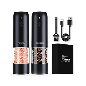 [Upgraded Larger Capacity] Electric Salt and Pepper Grinder Set - USB Rechargeable One Hand Operation Automatic Pepper Grinder and Salt Grinder with Adjustable Coarseness & LED Light Refillable