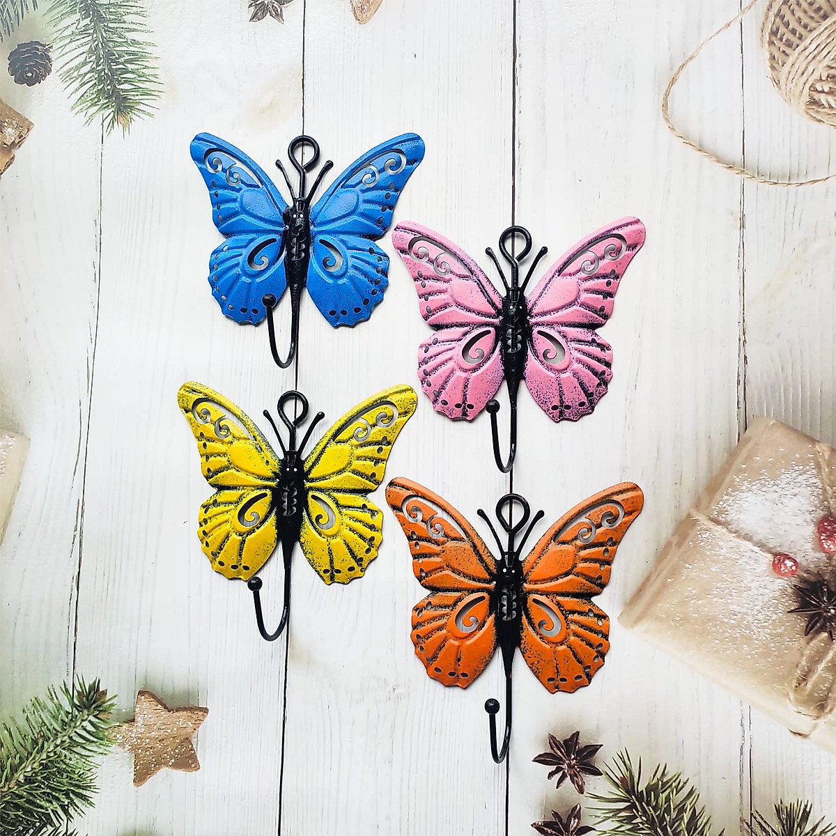 Snnshun 4 Pcs Butterfly Coat Hooks, Towel Wall Hooks Hanging, Room Wall Decoration Creative Sticky Hooks, Cute Iron Hook for Hanging Hats, Coats, Scarves, Bags, Keys