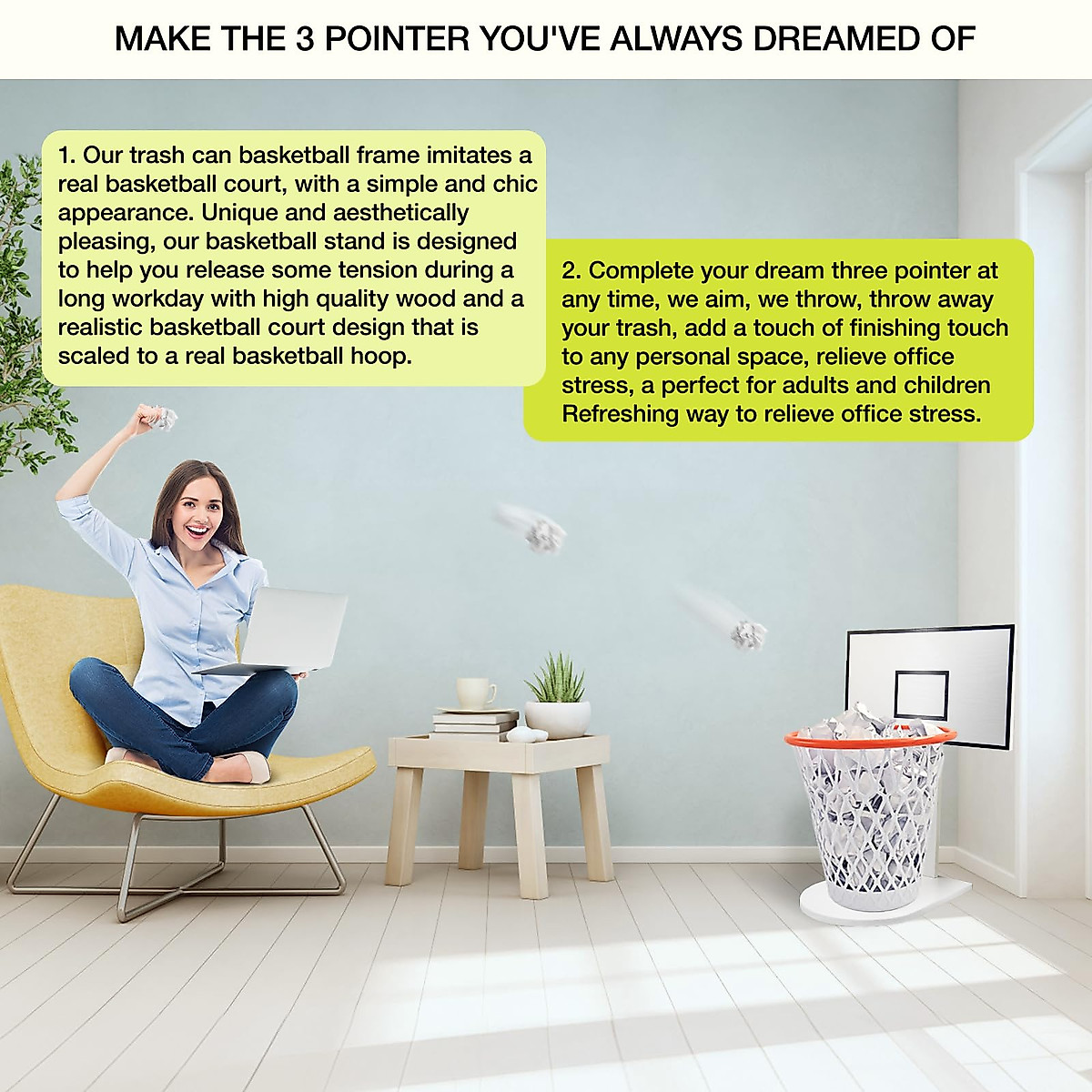 Basketball Trash Can,Trash Can Holder Wastebasket Backboard (Including 1pc Basketball Trash Can),White Wooden Basketball Garbage Can,Trash Can Basketball Hoop for Bedroom Office Kitchen Living Room