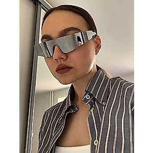 AIEYEZO Modern Fashion Rimless Futuristic Wrap Around Sunglasses Women Men Cyberpunk Visor Sun Glasses Trendy Future Shades (Silver/Silver Mirrored)