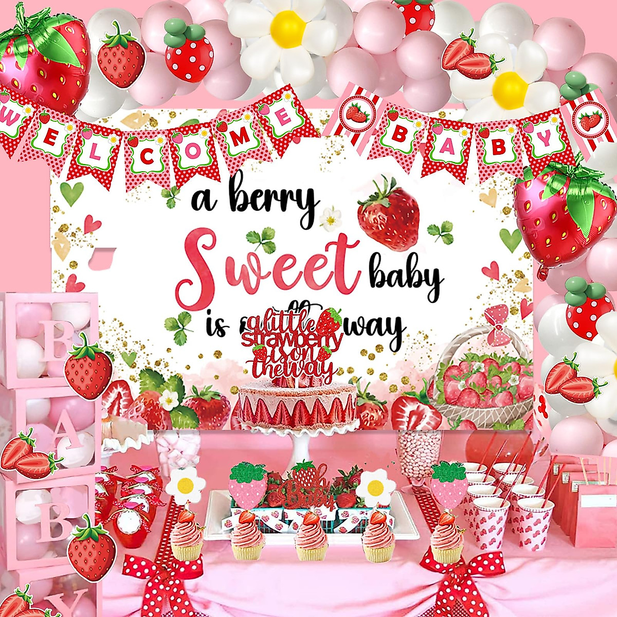 152 PCs Strawberry Baby Shower Decorations Girl, Fiesec A Berry Sweet Baby is On The Way Baby Shower Decorations Backdrop Banner Balloon Garland Tablecloth Cake Cupcake Topper Box Cutout Sash