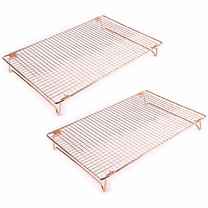 Kingrol 2 Pack Stainless Steel Cooling Racks with Collapsible Folding Legs, Stackable Grid Wire Racks for Cooking and Baking, Rose Gold