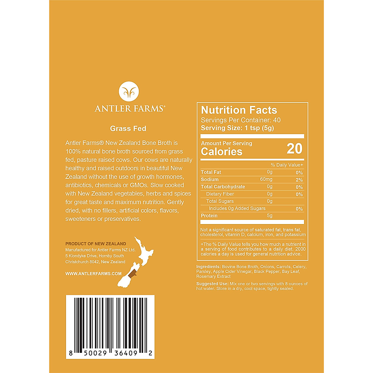 Antler Farms - 100% Grass Fed New Zealand Bone Broth Powder, 40 servings, 200g - Slow Cooked, Gently Dried, Light Flavor, No Hormones, No Antibiotics, No GMOs