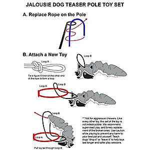 Jalousie Collapsible Dog Flirt Pole with Three Squeaky Toys Plush Toys Dog Teaser Wand Chase it Dog Toy with Refills (Dog Flirt Pole w/ Three Toys) - Upgraded Rope