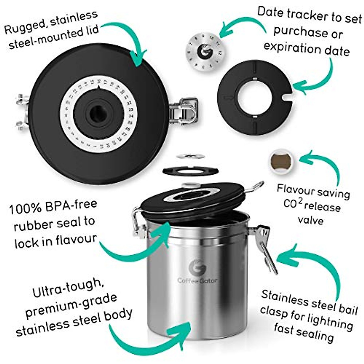 Coffee Gator Coffee Canister, Stainless Steel Airtight Coffee Containers for Ground Coffee with Date-Tracker, CO2-Release Valve, Measuring Scoop & Travel Jar - Medium, 16 oz, Silver