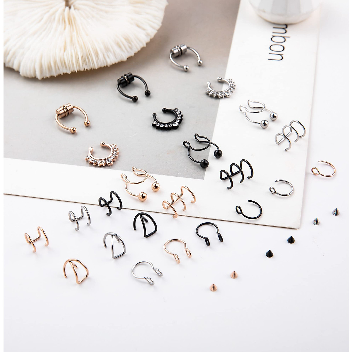 REVOLIA 24Pcs Faux Nose Ring Fake Septum Piercing Nose Cuff Fake Septum Ring Faux Lip Ear Ring Clip On Non Piercing Set B