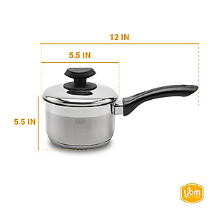 YBM Home Professional Chef’s 18/10 Stainless Steel Sauce Pot Covered Tri-Ply Capsule Base With Bakelite Handle, Terrific Mirror Silver, Induction Compatible - Black
