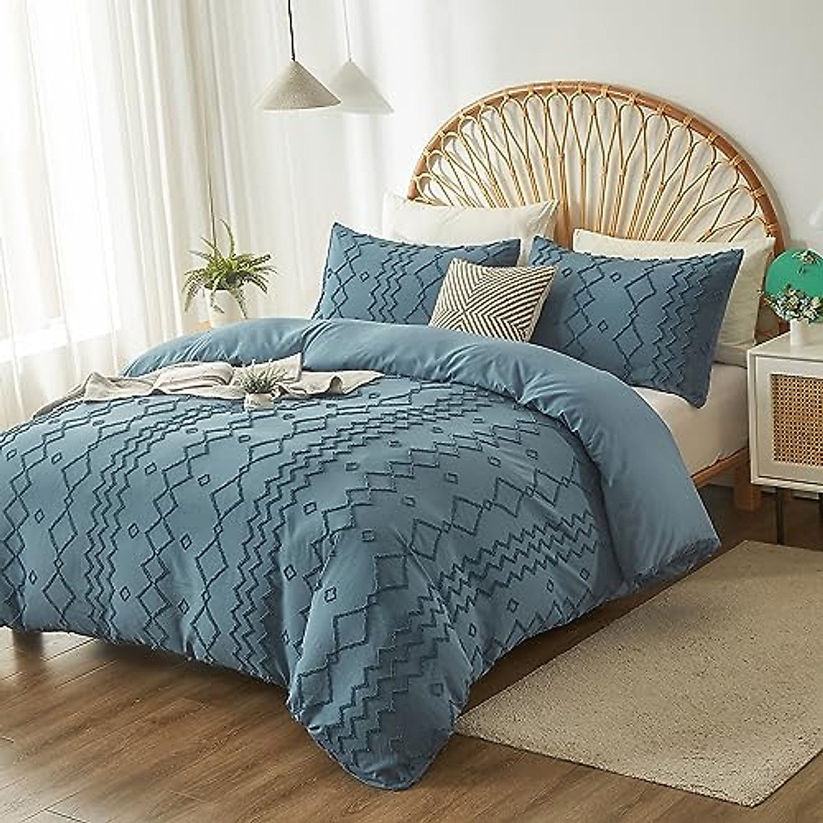 Senville Duvet Cover Queen Size,Blue Tufted Duvet Cover with Jacquard Rhombus Geometric Pattern,3 Pieces Boho Textured Shabby Chic Bedding Set with Zipper Closure for All Season (Denim Blue,Queen)