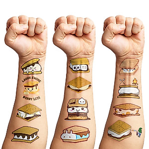 Cute Smores Temporary Tattoos Campfire Birthday Party Decorations Favors Supplies Camping Baby Shower Themed Stickers 10 Sheets 100 PCS Gifts for Kids Girls Boys Decor Class School Carnival Christmas
