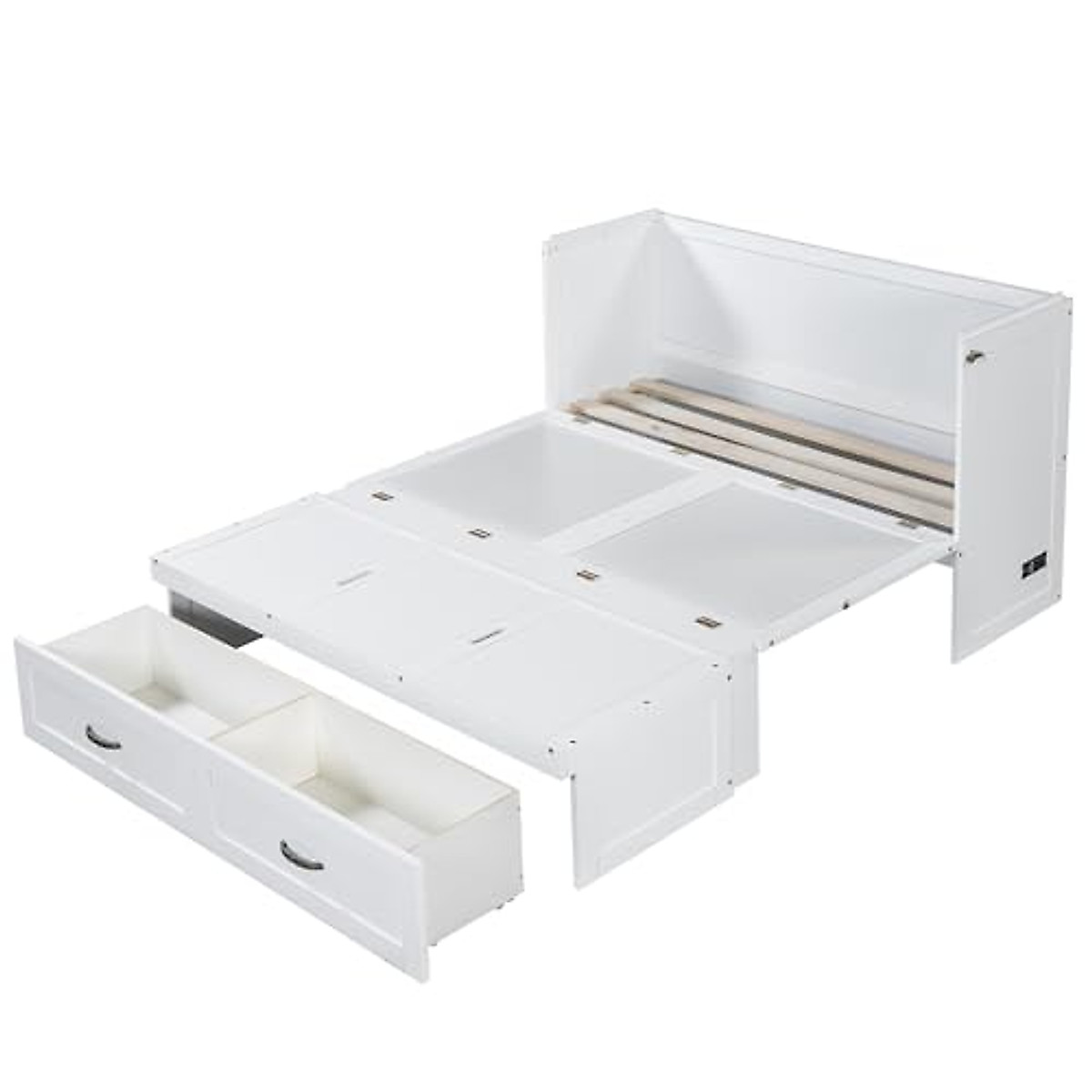 WADRI Full Size Murphy Bed with USB Port and a Large Drawer, Wood Mobile Murphy Chest Bed, Muti-Functional Cabinet Bed for Home Office or Small Room (White-Full-32)