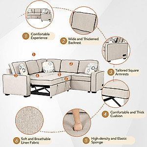 LUSPAZ Linen Fabric L-Shaped Pull Out Sofa Bed, Modern Convertible Sleeper Couch 2 USB Ports, 2 Power Sockets and 3 Pillows for Living Room,Cream