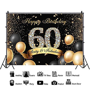 5x4Ft 60th Birthday Backdrops Black Gold Glitter Diamonds Balloons Photography Background Birthday Party Backdrop Decoration Cake Table Banner Photo Booth Props