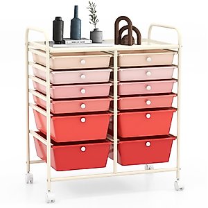 SILKYDRY 12 Drawer Rolling Storage Cart, Art Cart Organizer on Wheels, Mobile Utility Cart with Drawers, Multipurpose Craft Drawers for Home Office School Classroom (Mixed Pink)