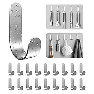 Adhesive Wall Hooks for Hanging, 20PCS Sticky Towel Hooks for Bathrooms, Shower Hooks for Inside Shower, 12lb(Max) Stick on Hooks Heavy Duty, Metal, Waterproof, Oil-proof, Wall Hanger Kitchen Hooks
