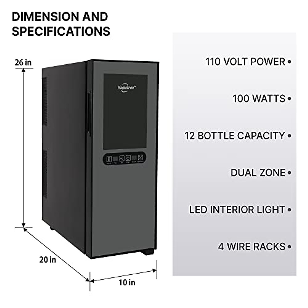 Koolatron Urban Series 12 Bottle Dual Zone Wine Cooler, Black, Thermoelectric Wine Fridge, Freestanding Wine Cellar, Red, White, Sparkling Wine Storage for Small Kitchen, Apartment, Condo, RV