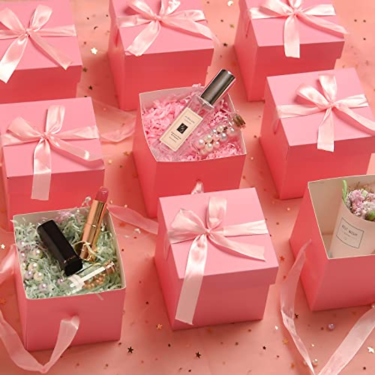 GP SUP 12 Pcs Squared Boxes with Lids,Pink Kraft Gift Boxes for Birthdays Christmas,Mother's Day (Pink, 4”×4”×4”)