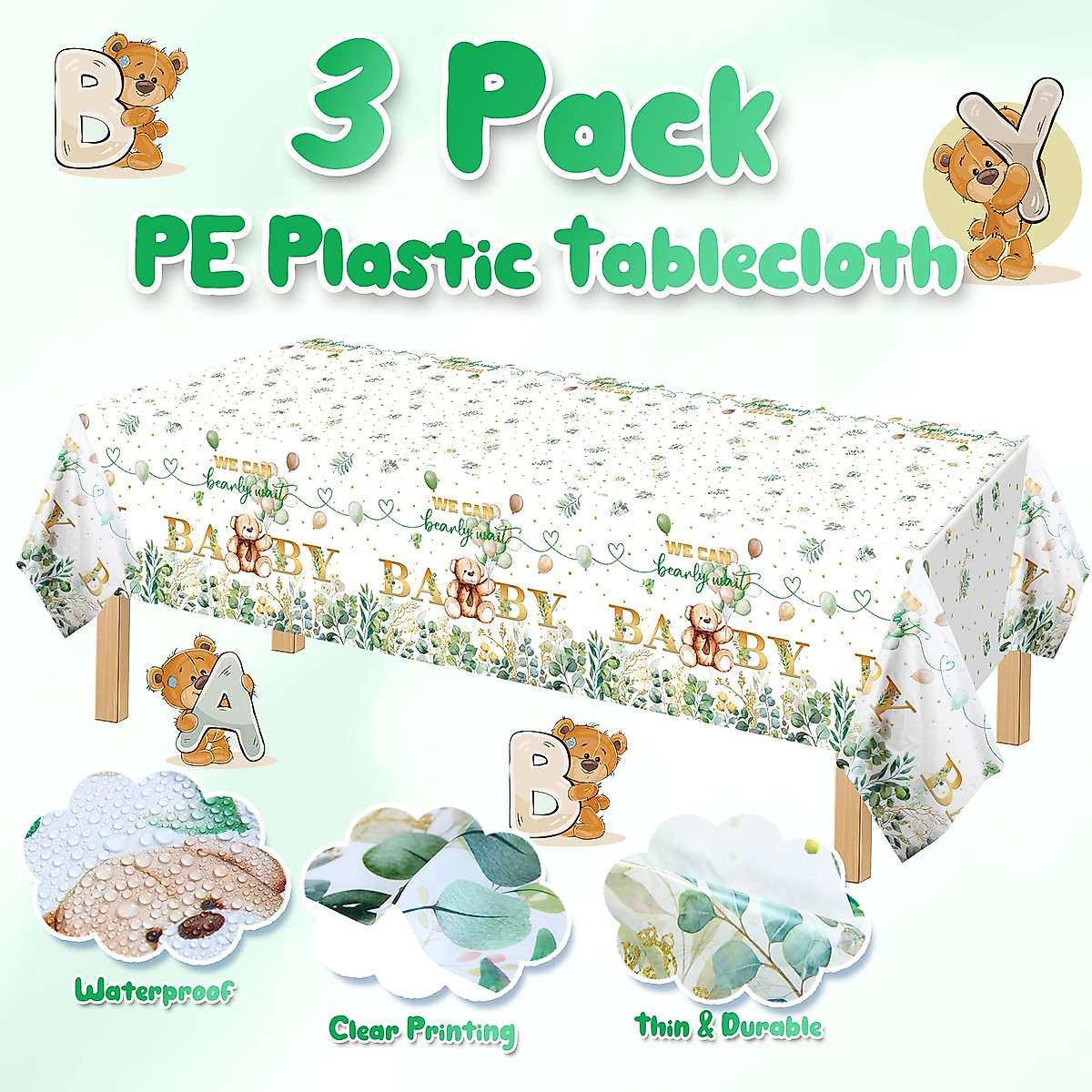 3 Packs We Can Bearly Wait Baby Shower Tablecloth Decorations Teddy Bear Table Cover Balloon Bear Plastic Tablecloth for Bear Theme Birthday Baby Shower Party Decor, 54 x 108 Inch (Green Leaf Style)