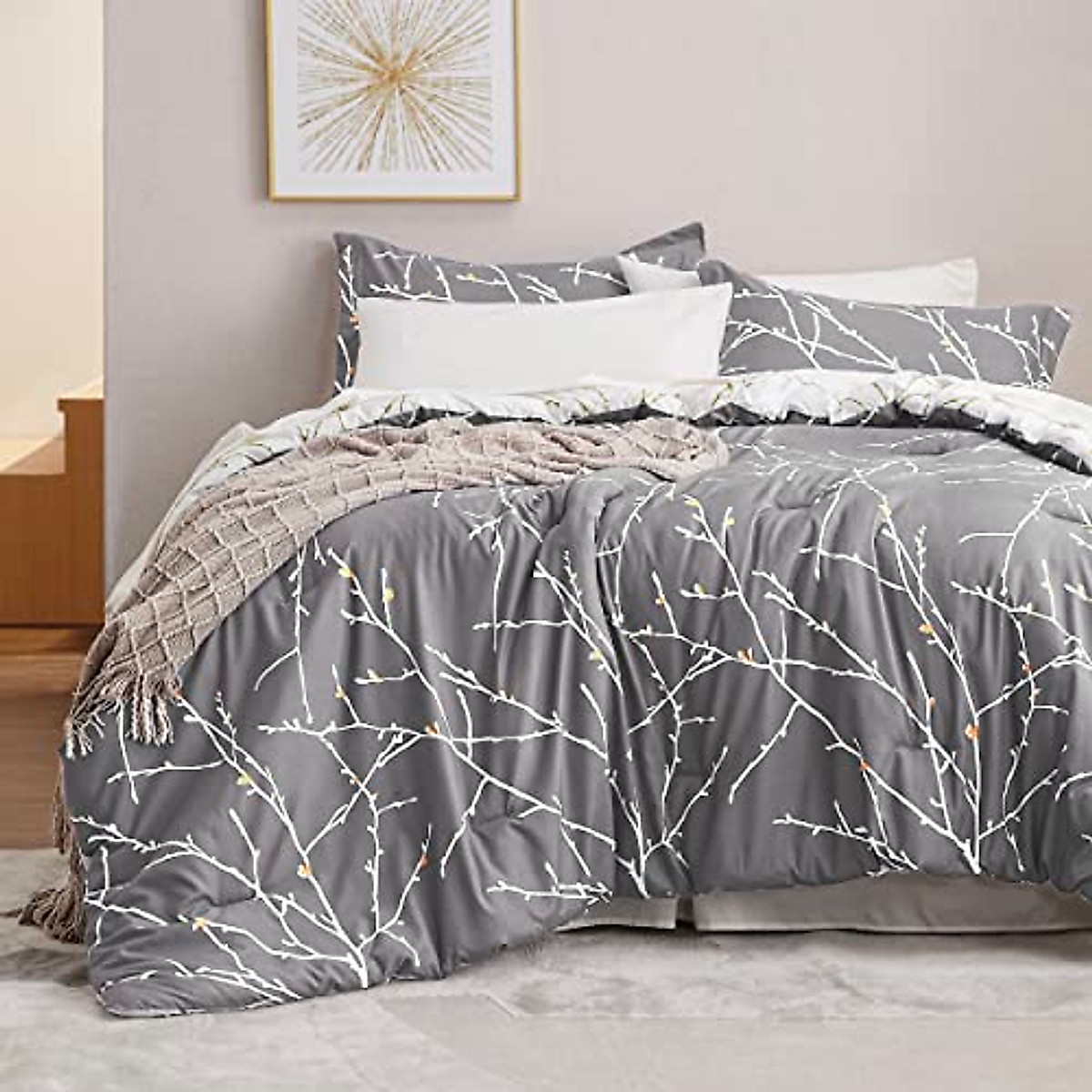 Bedsure Queen Comforter Sets - Bed in a Bag Queen 7 Pieces, Grey Flroal Reversible Bed Set Tree Branch Pattern Printed with Comforters Queen Size, Sheets, Pillowcases & Shams
