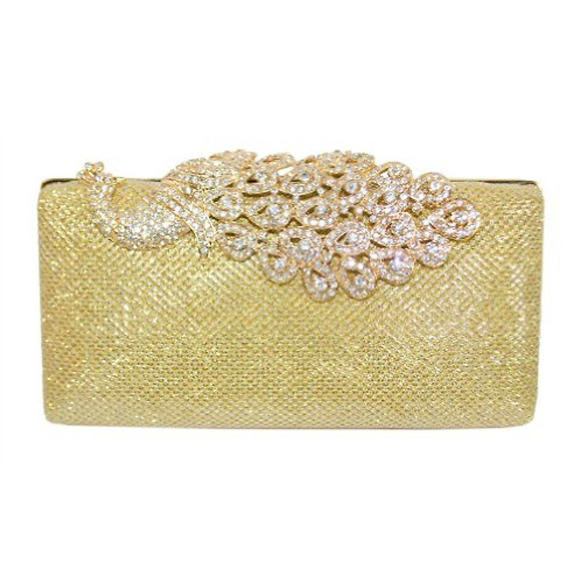 Chicastic Mesh Rhinestone Peacock Hard Box Wedding Cocktail Clutch Purse - Gold