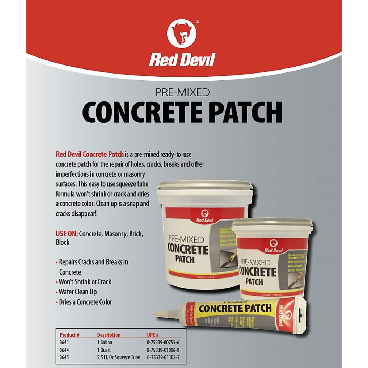 Red Devil 0644 Pre-Mixed Concrete Patch, 1 Quart, Pack of 1, Gray