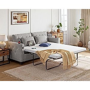 LINSY HOME Pull Out Sofa Bed, Queen Sleeper Sofa Couch with Memory Foam Mattress, Large Sofa Sleeper Pullout Couch Bed for Living Room Office, Grey, Queen Size