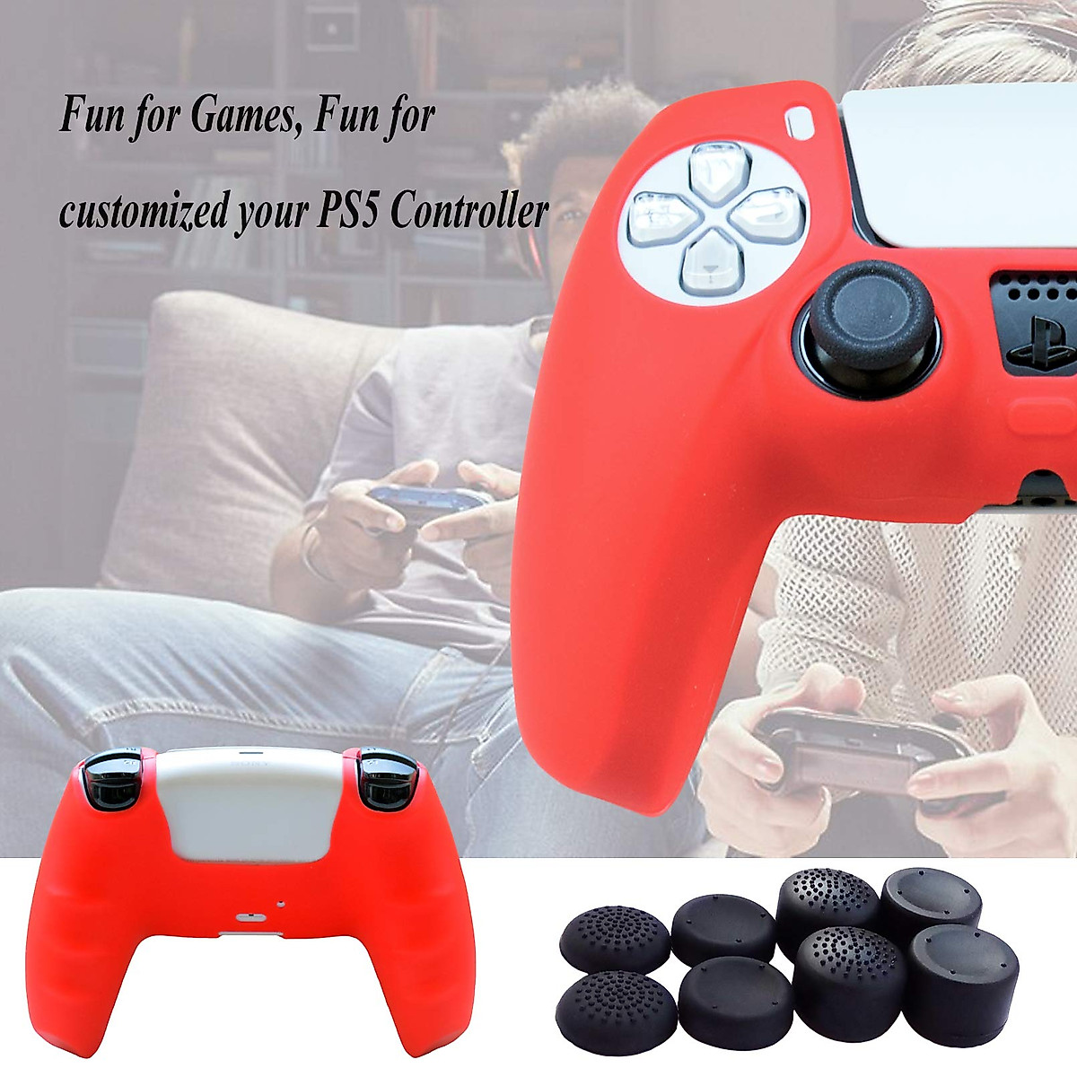 PS5 Controller Skin,Hikfly Silicone Cover for PS5 Grips Playstation 5 Controller Cover Protector Sleeve Kits Video Games with FPS Pro Thumb Grips Caps(Red)