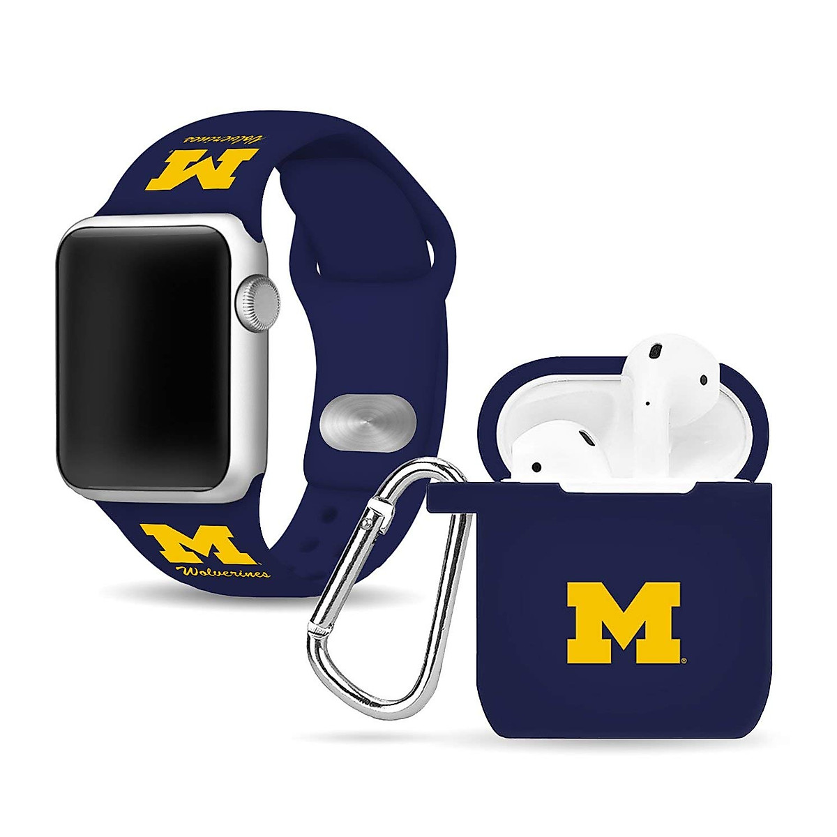 Affinity Bands Michigan Wolverines Silicone Sport Band and Case Cover Combo Package Compatible with Apple Watch and AirPods Gen 1 & 2 (42/44/45mm Wolverines/Navy)