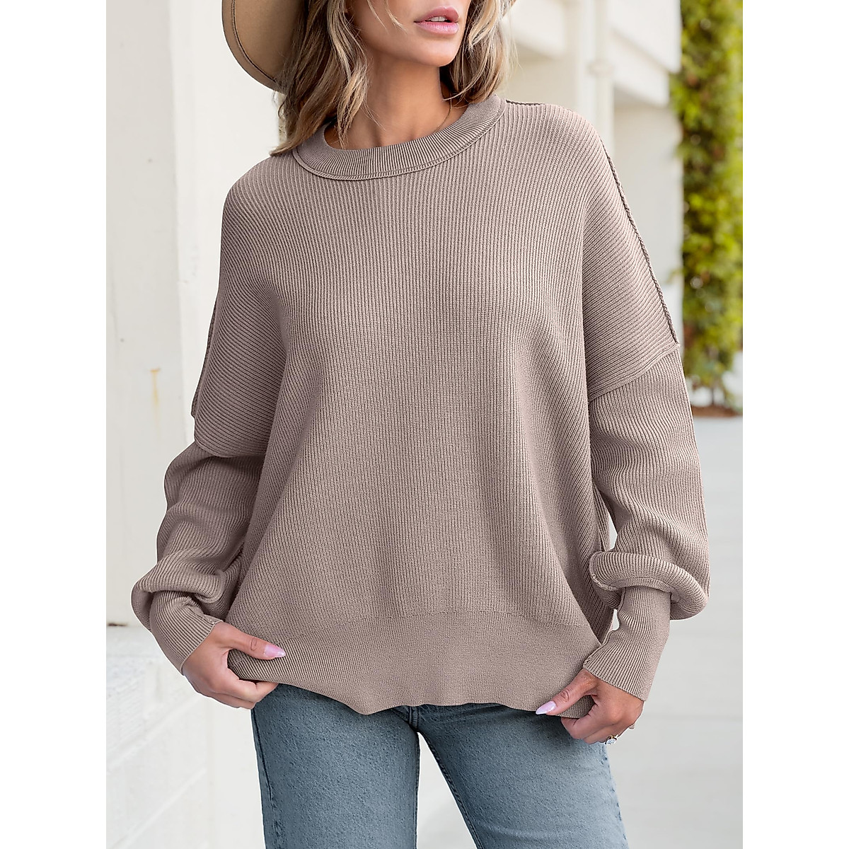 ANRABESS Women Crewneck Batwing Long Sleeve 2024 Fall Oversized Side Slit Ribbed Knit Pullover Sweaters Top Cozy Outfits Pink Apricot Large