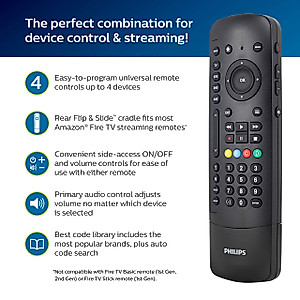 Philips Universal Companion Remote Control for Samsung, Vizio, LG, Sony, Roku, Apple TV, RCA, Panasonic, Smart TVs, Streaming Players, Blu-ray, DVD, 4 Device, Flip & Slide Fire TV, Black, SRP2024A/27
