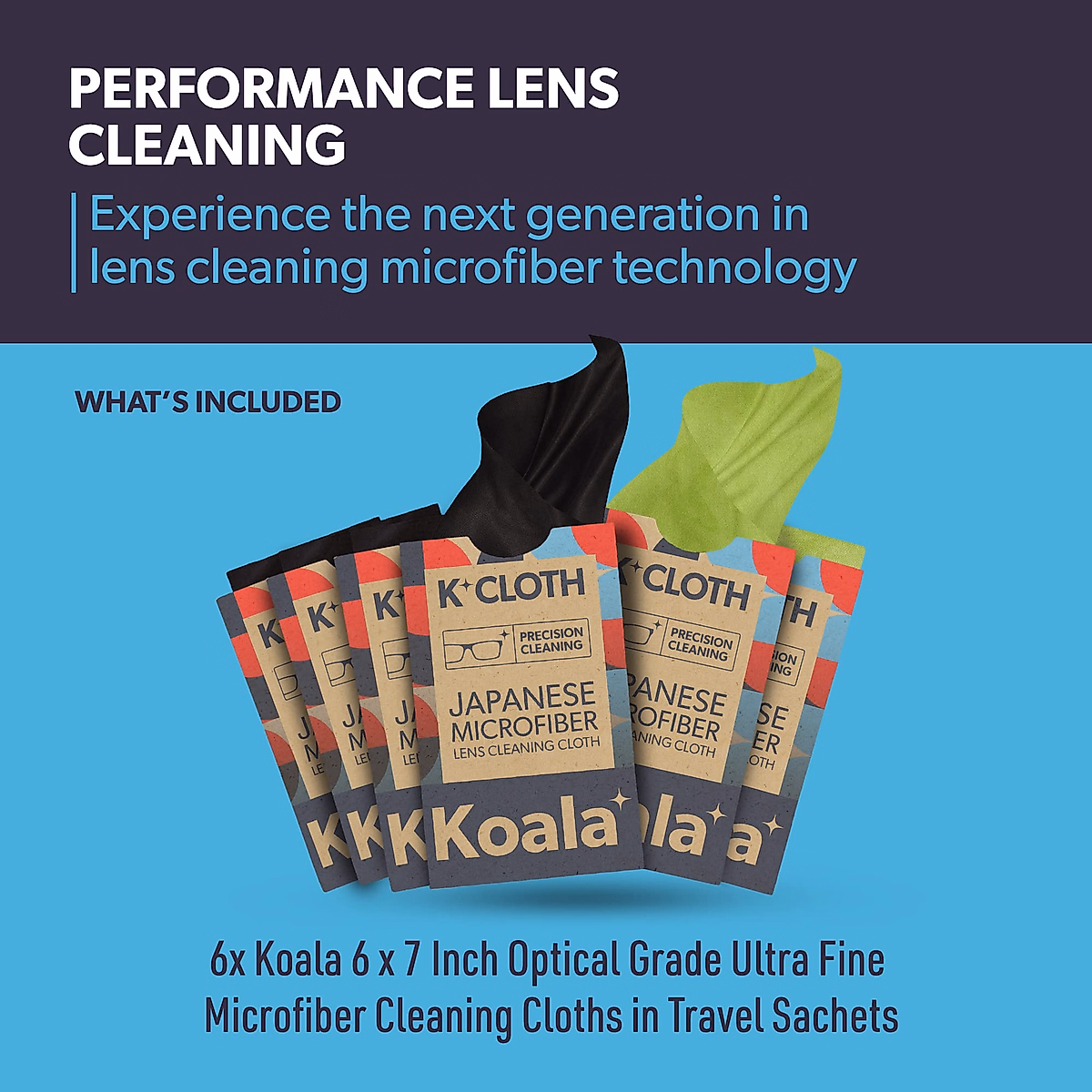 Koala Lens Cleaning Cloth | Japanese Microfiber | Glasses Cleaning Cloths | Eyeglass Lens Cleaner | Eyeglasses, Camera Lens, VR/AR Headset, and Screen Cleaning | Black & Green (Pack of 6)