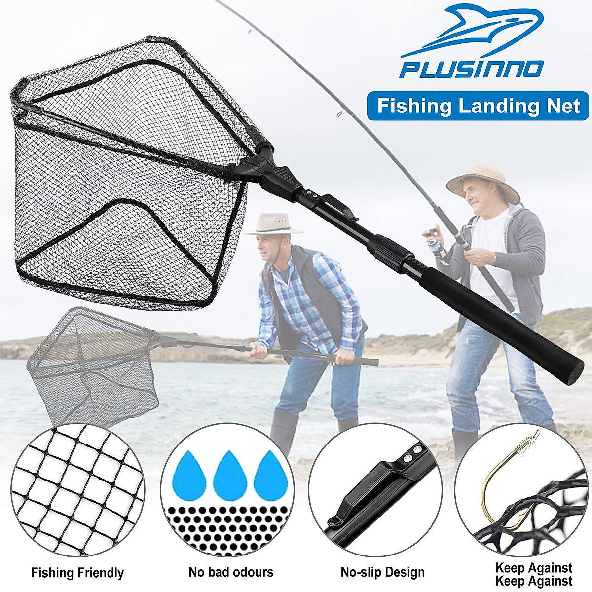 PLUSINNO Fishing Net Fish Landing Net, Foldable Collapsible Telescopic Pole Handle, Durable Nylon Material Mesh, Safe Fish Catching or Releasing (16")