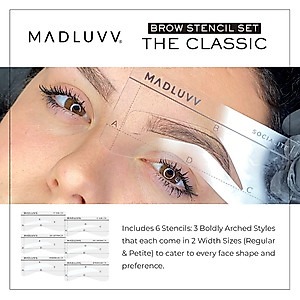 MADLUVV Eyebrow Shaper Stencils, Reusable Brow Mapping Template for PMU Professionals, Semi-Permanent Makeup Mapping, 6 Stencils (3 Stencil Shapes in Both Petite and Regular Sizes) - Classic Set