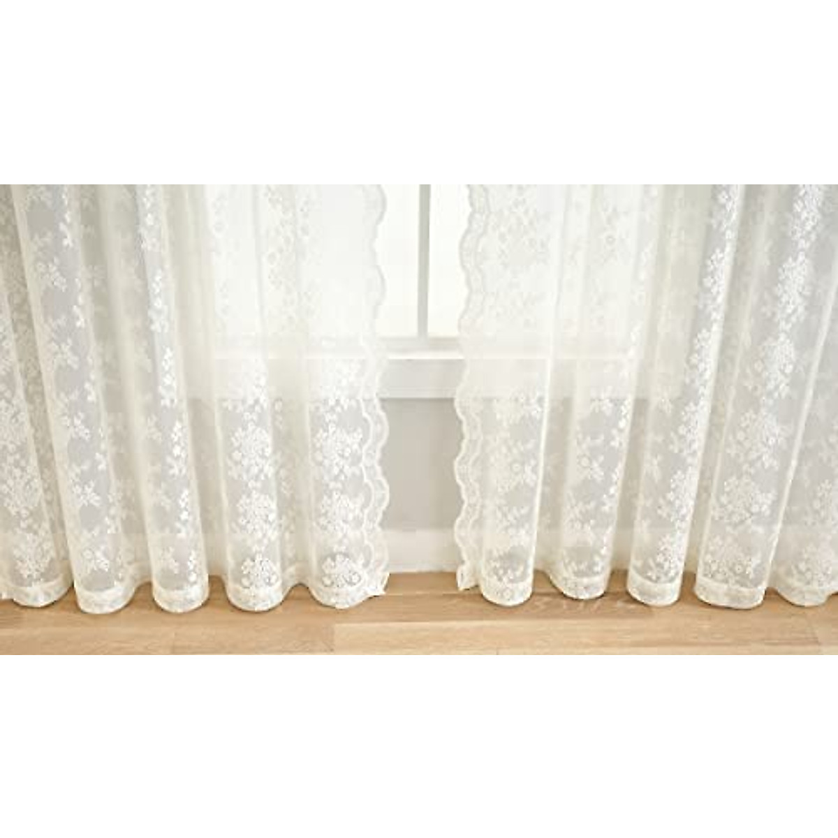 YJ YANJUN Sheer Lace Curtains for Bedroom Ivory Elegant Victorian Curtains Scalloped Edges Floral Kitchen Window Curtains 63 Inch Length Rod Pocket, 52 x 63 Inch, Ivory