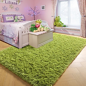 Grass Green Area Rug for Bedroom,4'X6',Fluffy Shag Rugs for Living Room,Furry Carpet for Kids Room,Shaggy Throw Rug for Nursery Room,Fuzzy Plush Rug,Green Carpet,Rectangle,Cute Room Decor for Baby