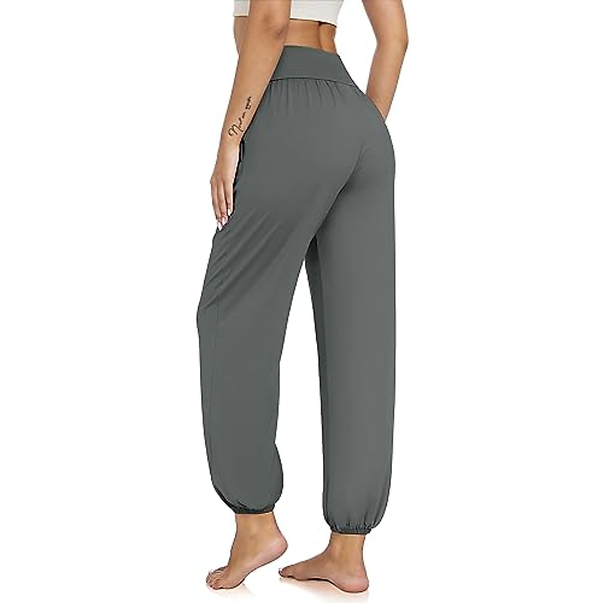 UEU Women's Harem Crossover High Waisted Flowy Pants Yoga Joggers with Pockets Lounge Pajamas Casual Loose Sweatpants MidGray XL