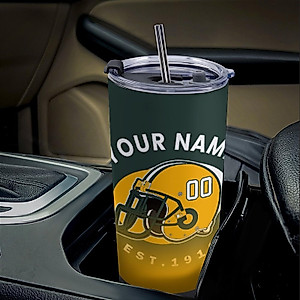 Custom Green Bay Tumbler 20oz Stainless Steel with Lid & Straw Personalized Football Fans Gifts for Women Men Travel Cup Insulated Tumbler Add Name Number