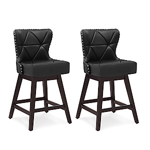 Cozyman Counter Height Bar Stools Set of 2, 26" H Swivel Bar Stool with Back, Faux Leather Counter Stool, Solid Wood Legs, Retro Upholstered Barstools for Kitchen Island, Home Bar, Pub, Black
